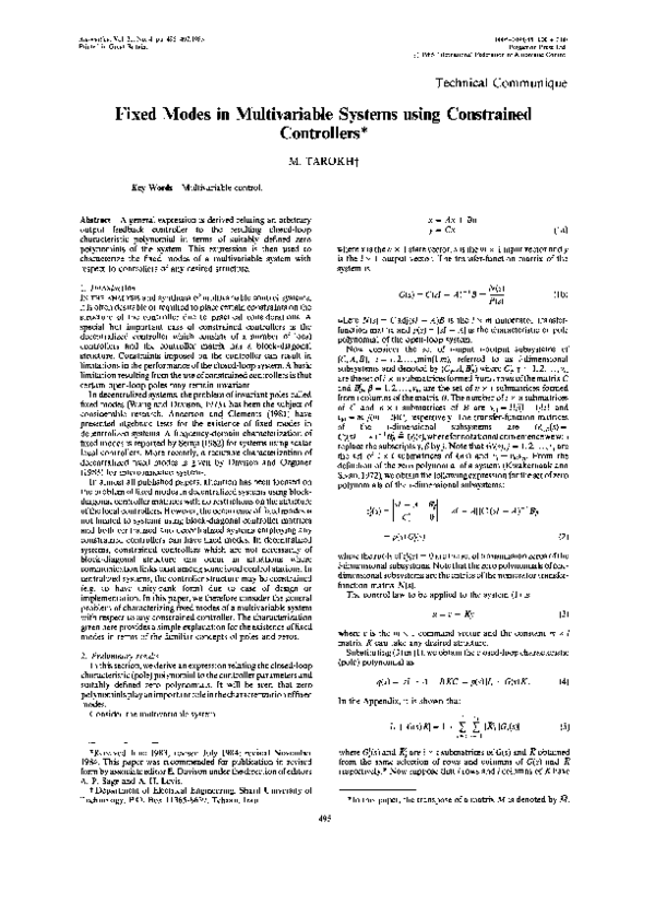 (PDF) Fixed modes in multivariable systems using constrained controllers | Mahmoud Tarokh ...