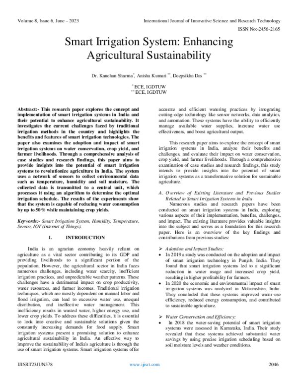 (PDF) Smart Irrigation System: Enhancing Agricultural Sustainability