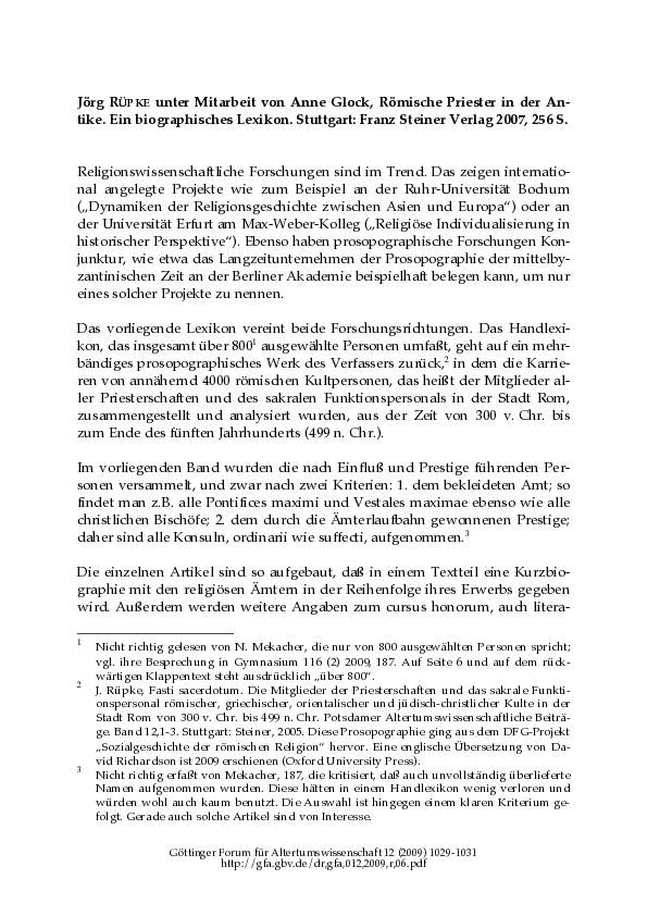 (PDF) Jörg Rüpke unter Mitarbeit von Anne Glock, Römische Priester in ...