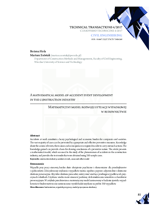 (PDF) Matematyczny model rozwoju sytuacji wypadkowej w budownictwie
