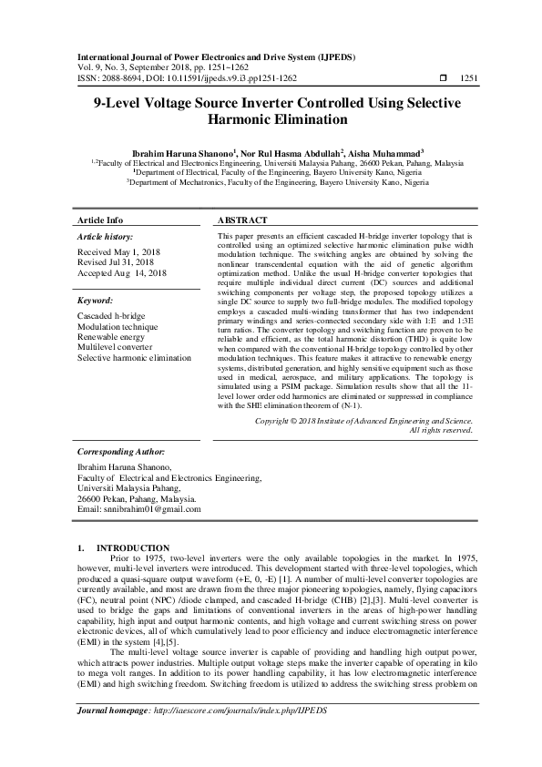 (PDF) 9-Level Single DC Voltage Source Inverter Controlled Using Selective Harmonic Elimination ...