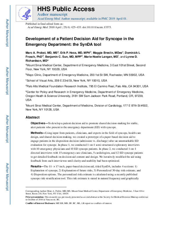 (PDF) Development of a Patient Decision Aid for Syncope in the ...
