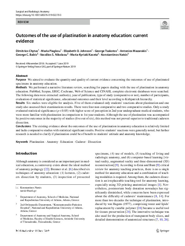 (PDF) Outcomes of the use of plastination in anatomy education: current evidence
