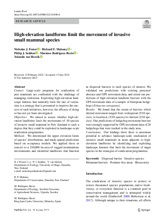 (PDF) High-elevation landforms limit the movement of invasive small ...