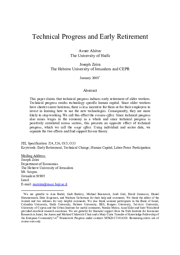 (PDF) Technical Progress and Early Retirement | Joseph Zeira - Academia.edu