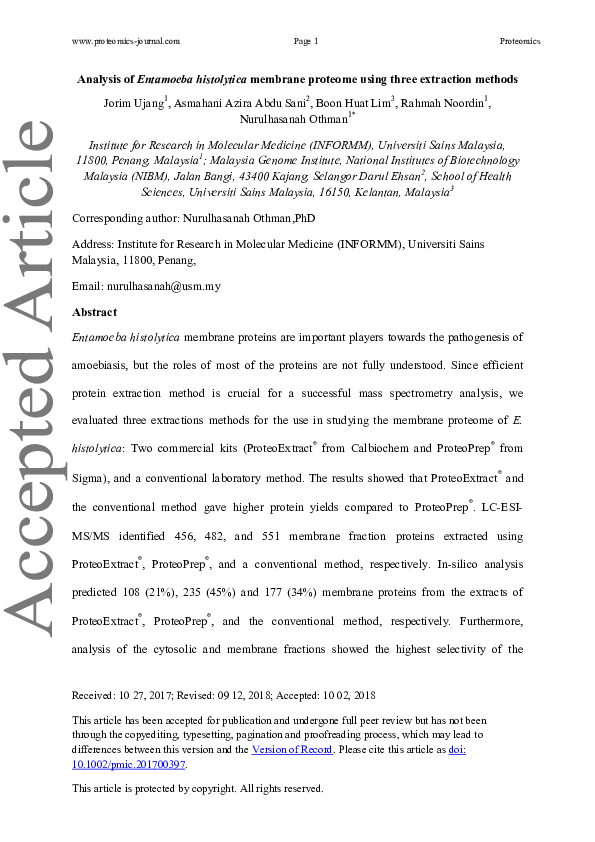 (PDF) Analysis ofEntamoeba histolyticaMembrane Proteome Using Three ...