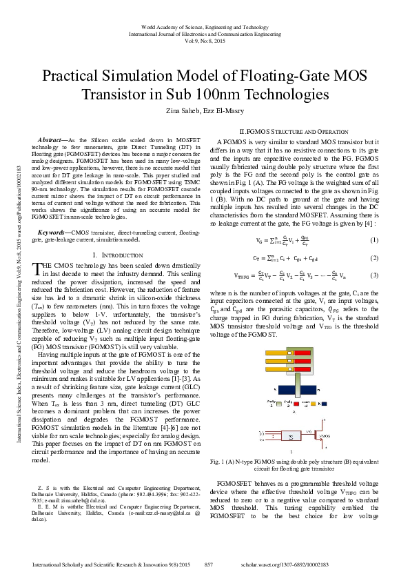 (PDF) Practical Simulation Model Of Floating-Gate Mos Transistor In Sub 100Nm Technologies
