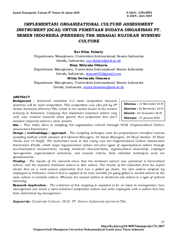 (PDF) Implementasi Organizational Culture Assessment Instrument (Ocai) Untuk Pemetaan Budaya ...