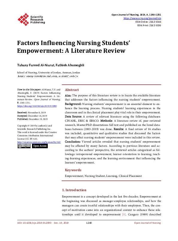 (PDF) Factors Influencing Nursing Students’ Empowerment: A Literature Review