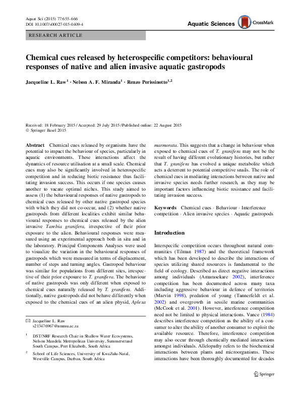 (PDF) Chemical cues released by heterospecific competitors: behavioural ...