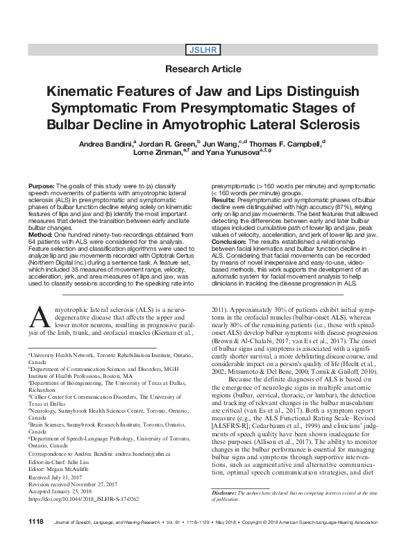 (PDF) Kinematic Features of Jaw and Lips Distinguish Symptomatic From ...