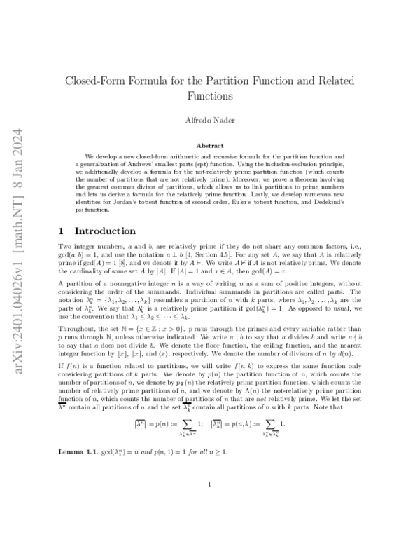 (PDF) Closed-Form Formula for the Partition Function and Related Functions