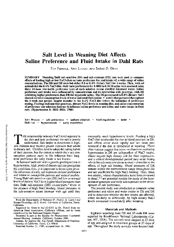(PDF) Salt level in weaning diet affects saline preference and fluid ...