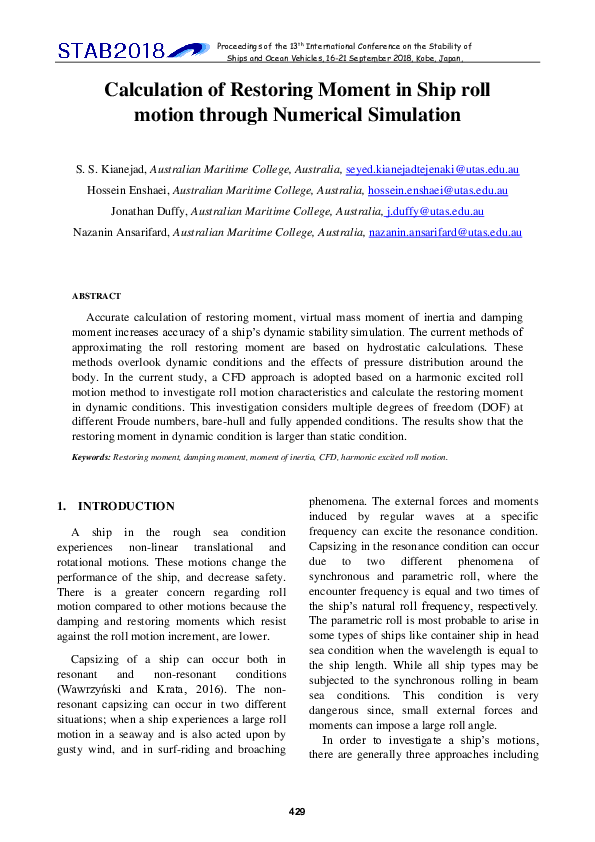 (PDF) Calculation of restoring moment in ship roll motion through numerical simulation
