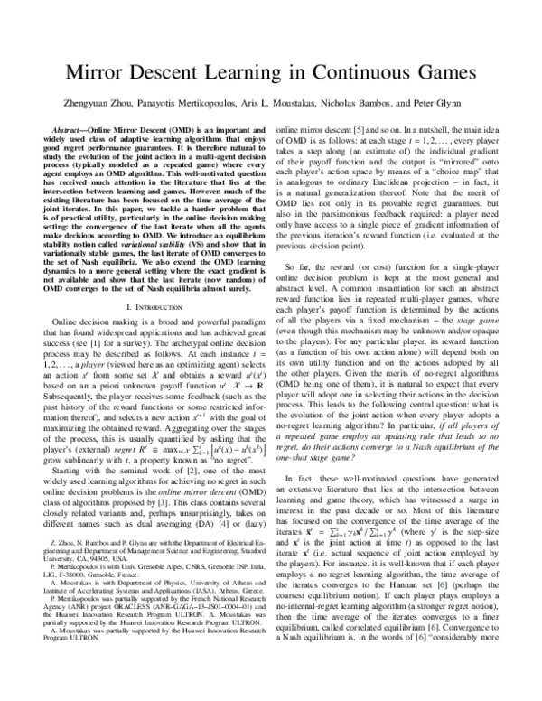 (PDF) Mirror descent learning in continuous games