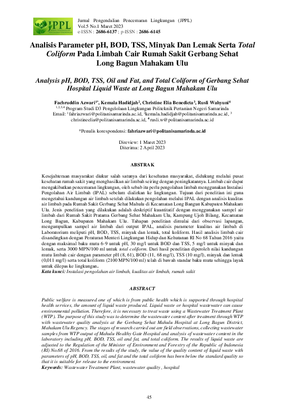 (PDF) Analisis Parameter pH, BOD, TSS, Minyak Dan Lemak Serta Total Coliform Pada Limbah Cair ...