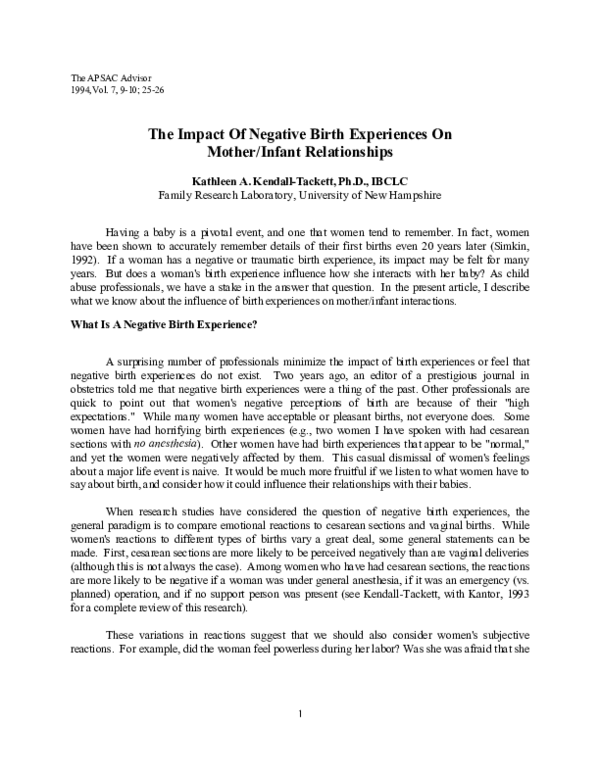 (PDF) The Impact Of Negative Birth Experiences On Mother/Infant ...