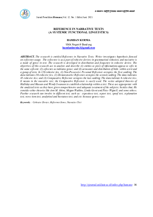 (PDF) Reference in Narrative Texts (A Systemic Functional Linguistics)