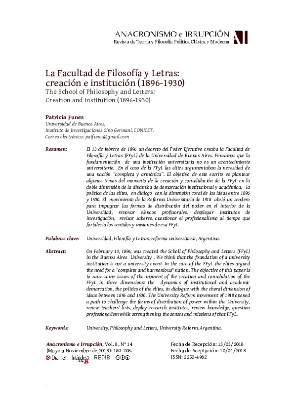 (PDF) La Facultad de Filosofía y Letras: creación e institución (1896-1930)