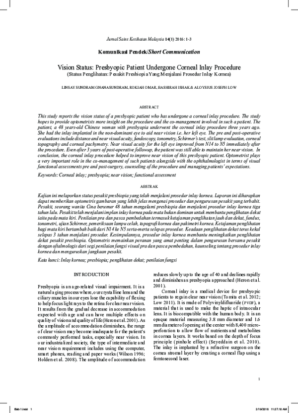(PDF) Vision Status: Presbyopic Patient Undergone Corneal Inlay Procedure