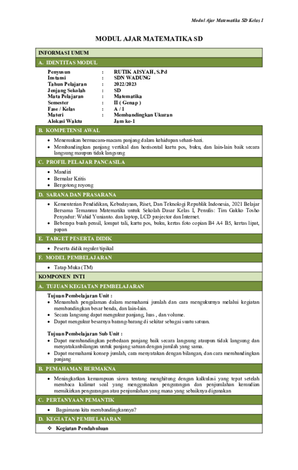 (DOC) MODUL AJAR MATEMATIKA SD