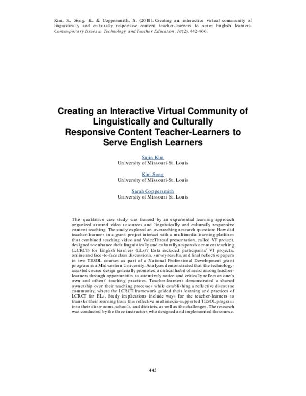 (PDF) Creating an Interactive Virtual Community of Linguistically and Culturally Responsive ...