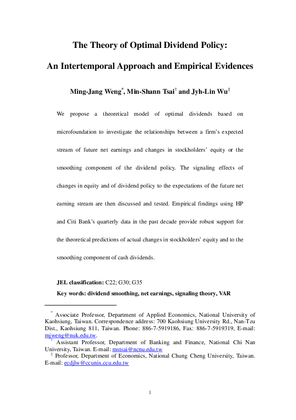 (PDF) The Theory of Optimal Dividend Policy: An Intertemporal Approach ...