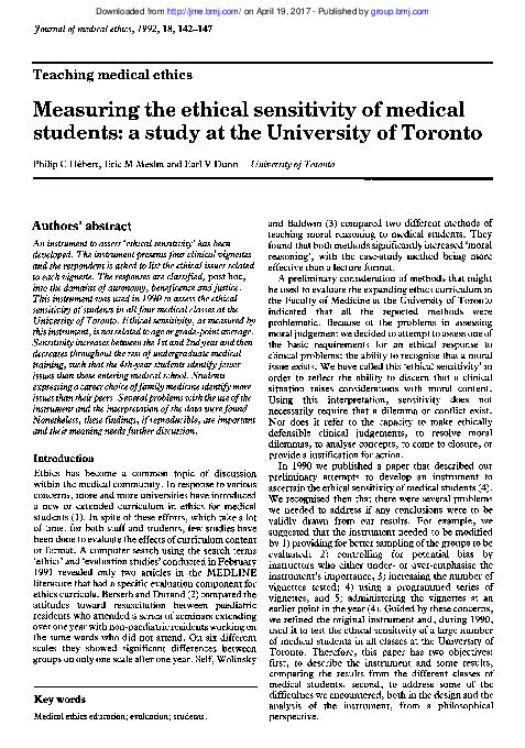 (PDF) Measuring the ethical sensitivity of medical students: a study at the University of Toronto