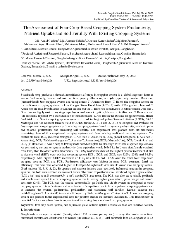 (PDF) The Assessment of Four Crop-Based Cropping System Productivity, Nutrient Uptake and Soil ...