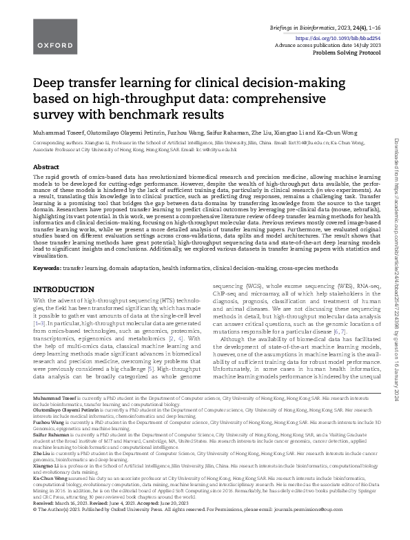(PDF) Deep transfer learning for clinical decision-making based on high-throughput data ...