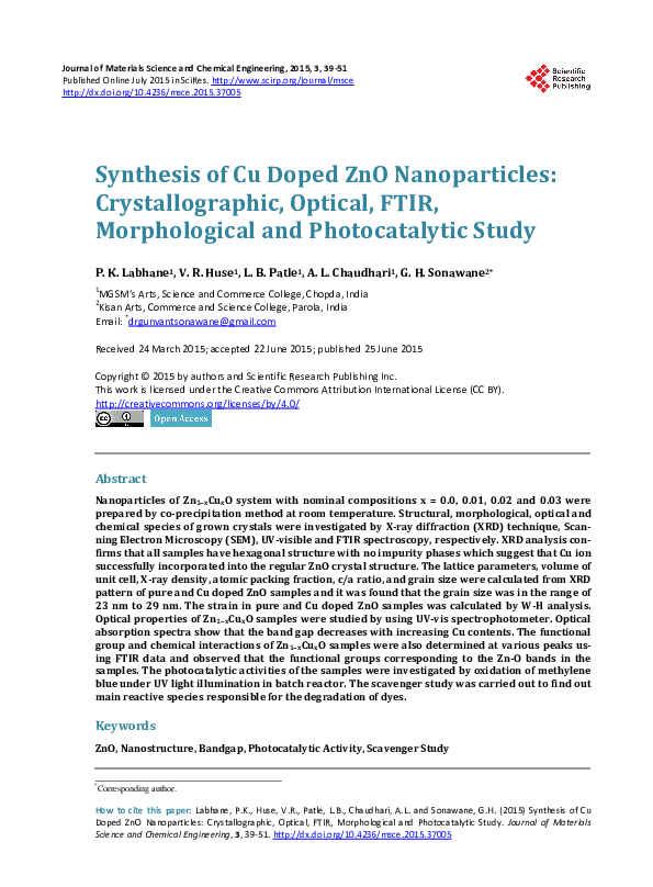 (PDF) Synthesis of Cu Doped ZnO Nanoparticles: Crystallographic, Optical, FTIR, Morphological ...