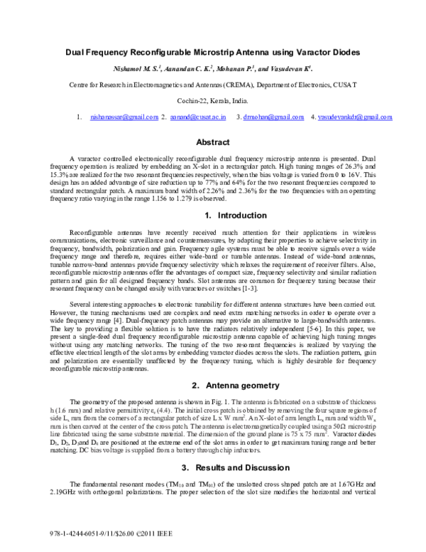 (PDF) Dual frequency reconfigurable microstrip antenna using varactor diodes