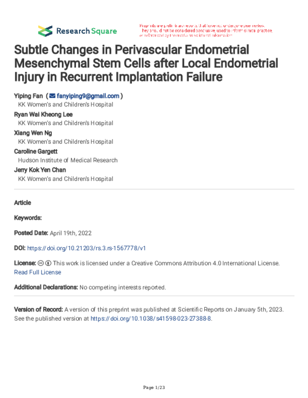 (PDF) Subtle Changes in Perivascular Endometrial Mesenchymal Stem Cells ...