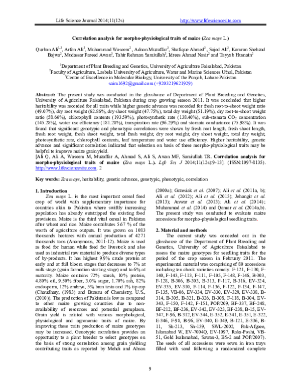 (PDF) Correlation analysis for morpho-physiological traits of maize (Zea mays L.)