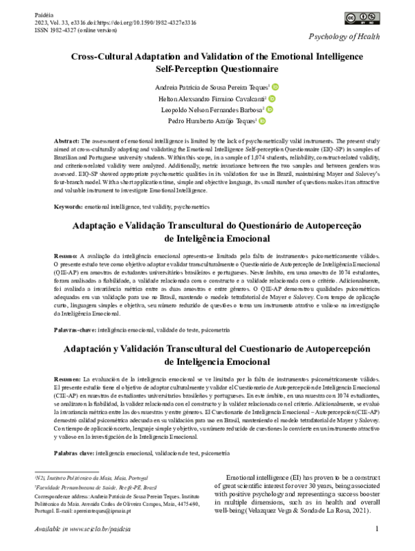 (PDF) Cross-Cultural Adaptation and Validation of the Emotional Intelligence Self-Perception ...