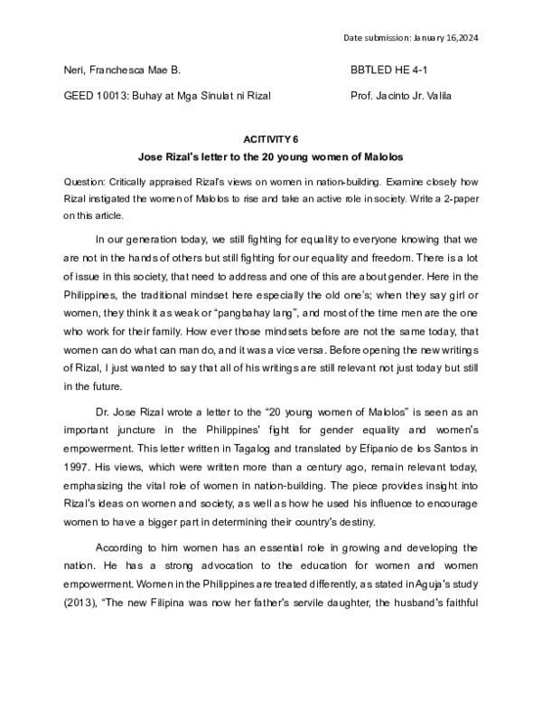 (PDF) Activity 6: Jose Rizal's letter to the 20 young women of Malolos