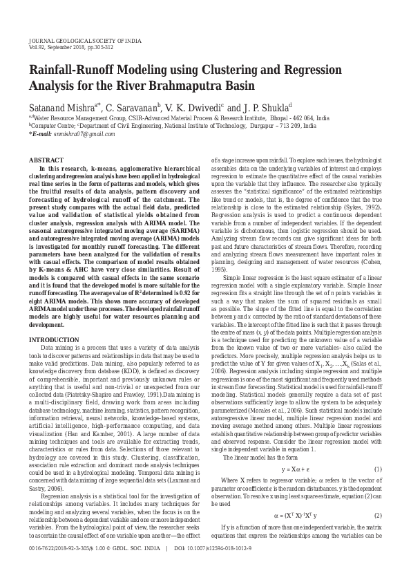 (PDF) Rainfall-Runoff Modeling using Clustering and Regression Analysis for the River ...