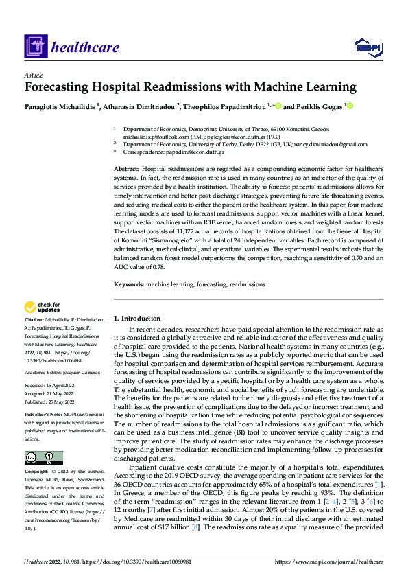 (PDF) Forecasting Hospital Readmissions with Machine Learning