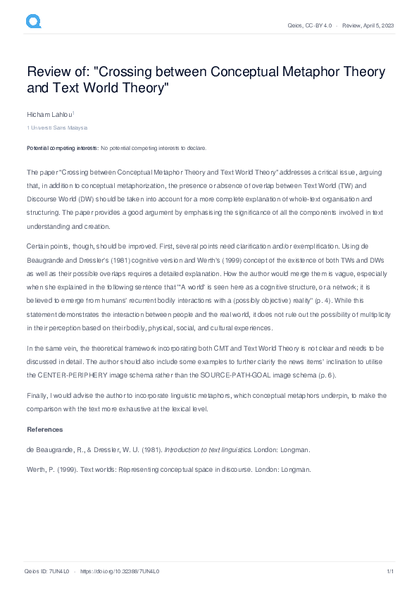 (PDF) Review of: "Crossing between Conceptual Metaphor Theory and Text World Theory