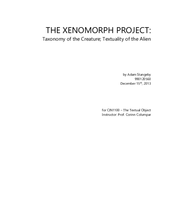 (PDF) The Xenomorph Project: Taxonomy of the Creature; Textuality of ...