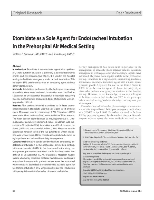 (PDF) Etomidate as a sole agent for endotracheal intubation in the prehospital air medical setting
