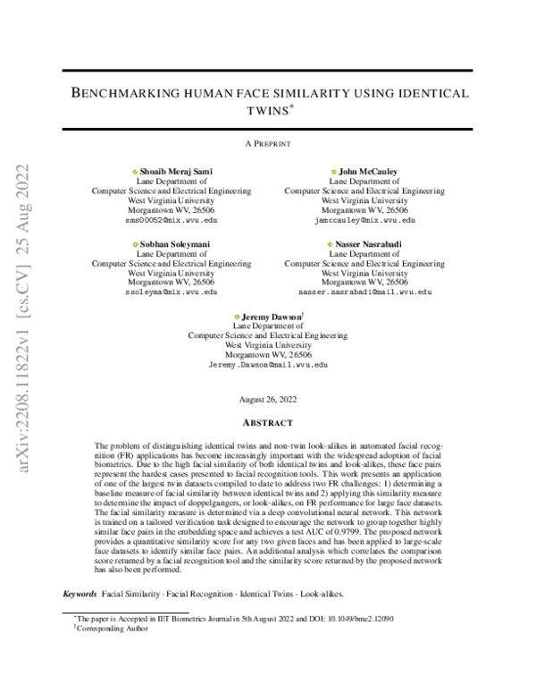 (PDF) Benchmarking Human Face Similarity Using Identical Twins