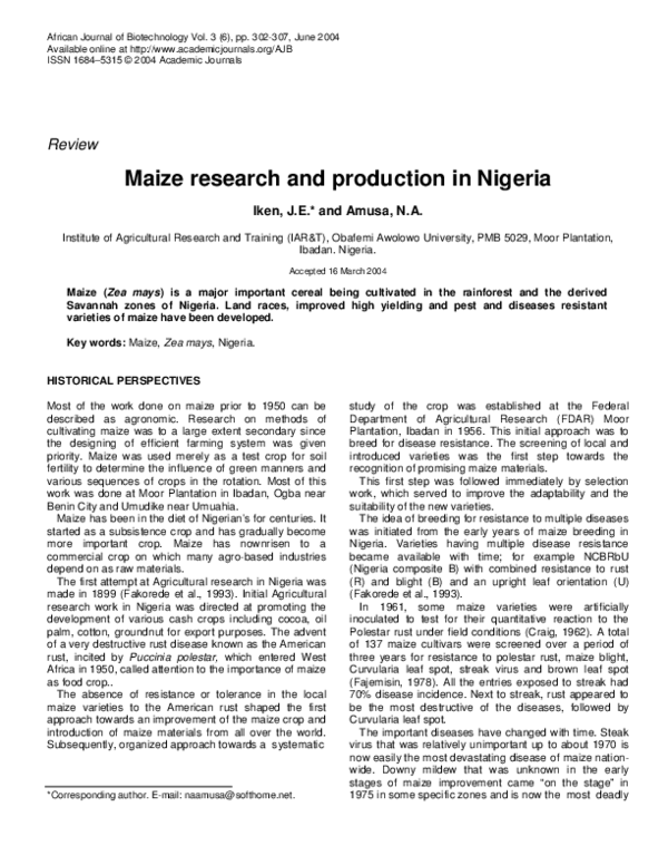 (PDF) Maize research and production in Nigeria