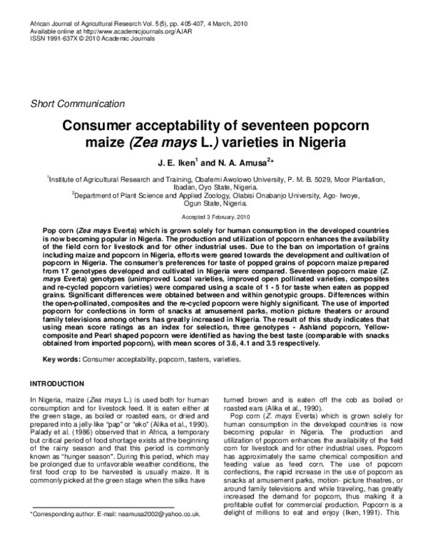 (PDF) Consumer acceptability of seventeen popcorn maize (Zea mays L ...