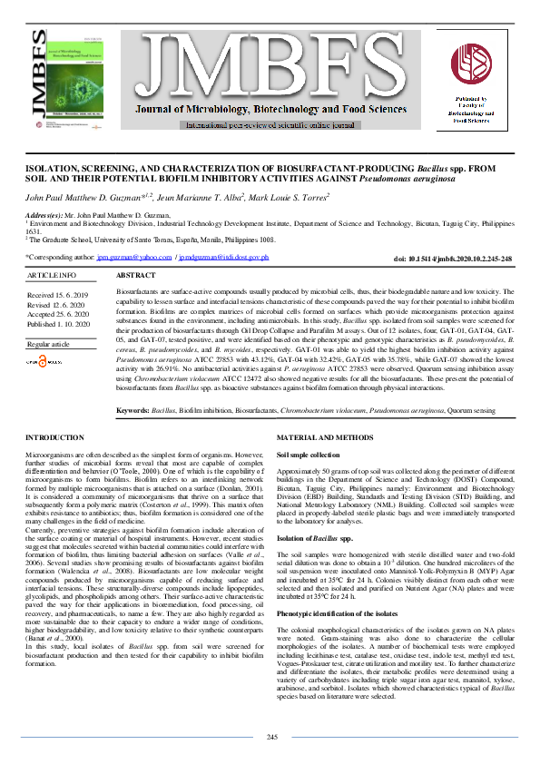 Pdf Isolation Screening And Characterization Of Biosurfactant