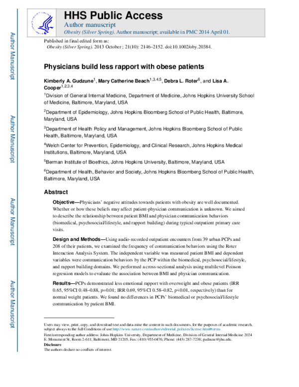 (PDF) Physicians build less rapport with obese patients