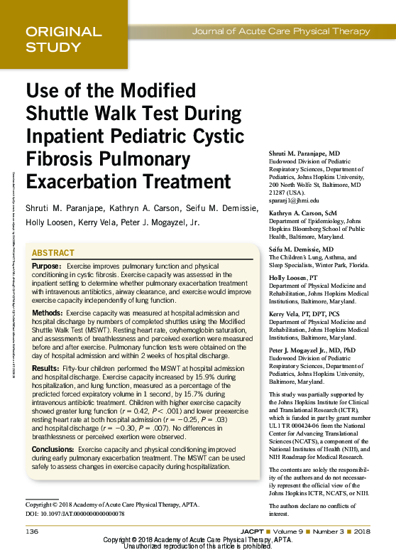 (PDF) Use of the Modified Shuttle Walk Test During Inpatient Pediatric ...