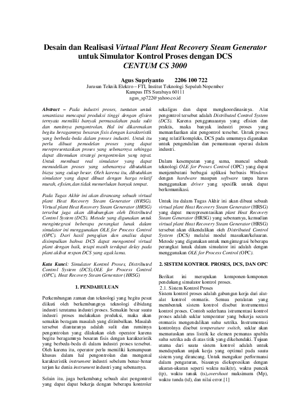 (PDF) Desain Dan Realisasi Virtual Plant Heat Recovery Steam Generator Untuk Simulator Kontrol ...