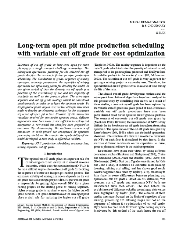 Pdf Long Term Open Pit Mine Production Scheduling With Variable Cut Off Grade For Cost
