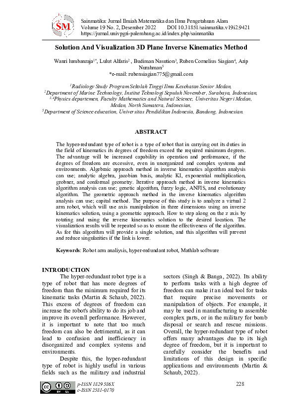 (PDF) Solution And Visualization 3D Plane Inverse Kinematics Method